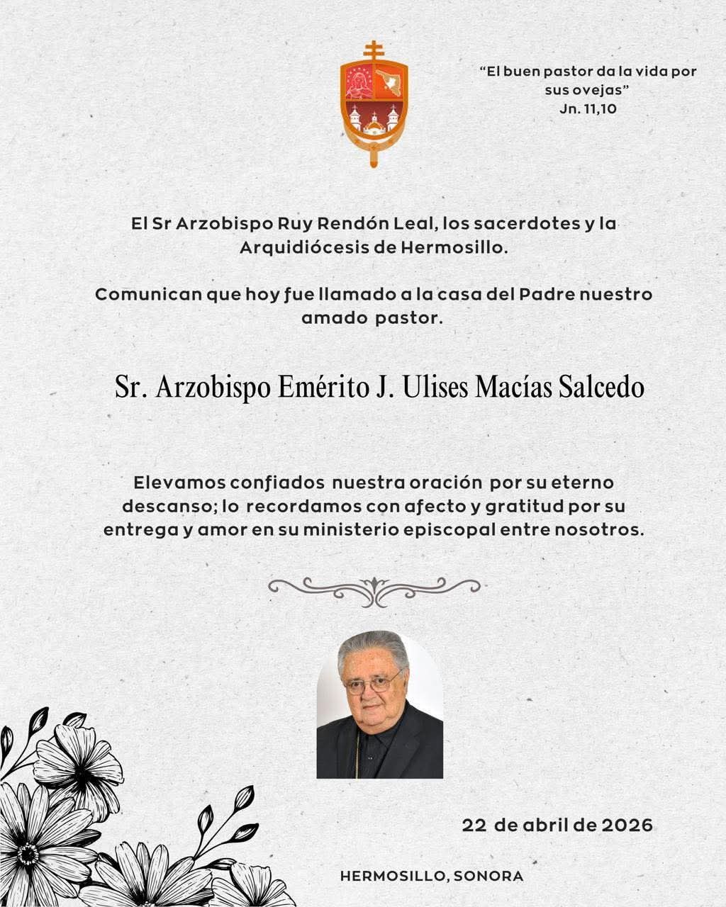 Fallece el arzobispo emérito José Ulises Macías Salcedo de Hermosillo ...